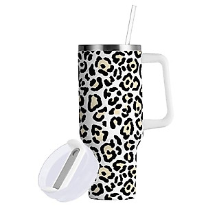 ODAWA Stainless Steel Tumblers Large with Straw and Handle, Black White Leopard Print Travel Insulated Tumblers