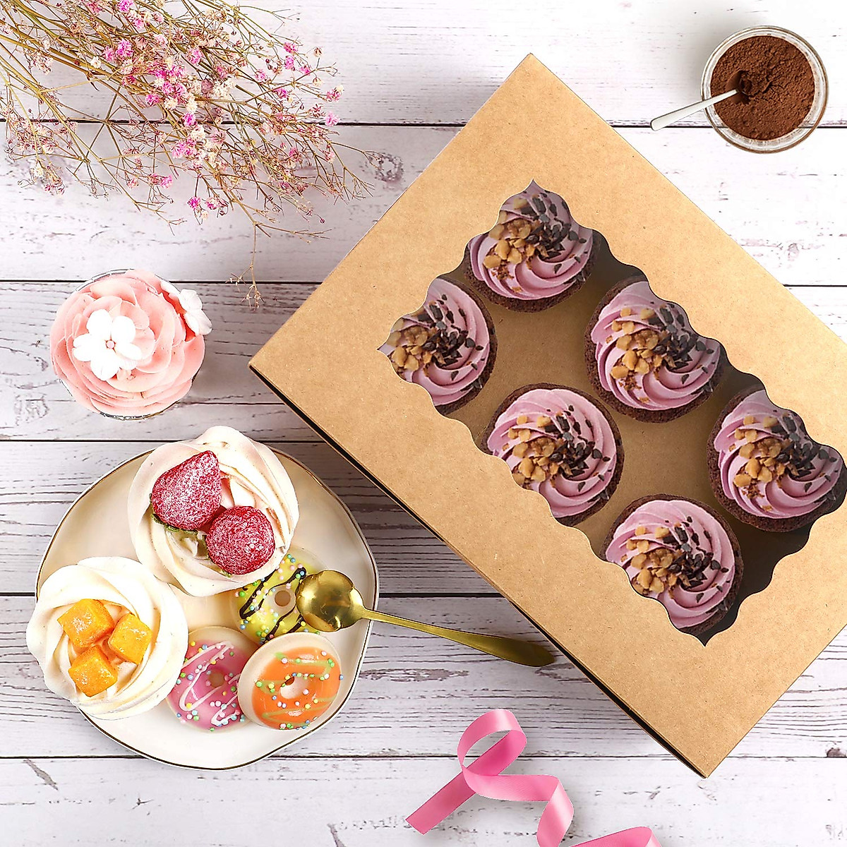 Moretoes 24 Sets Cupcake Boxes with Inserts Bakery Boxes with Window Fit 6 Cupcakes or Muffins