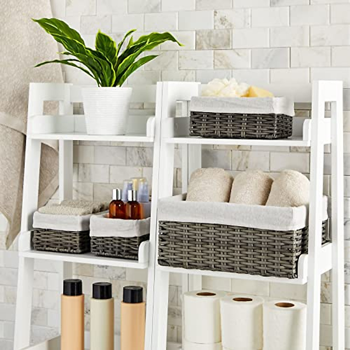 Set of 4 Wicker Storage Baskets with Liners for Shelves, Decorative Woven Nesting Bins for Organizing Pantry, 2 Sizes (Grey)