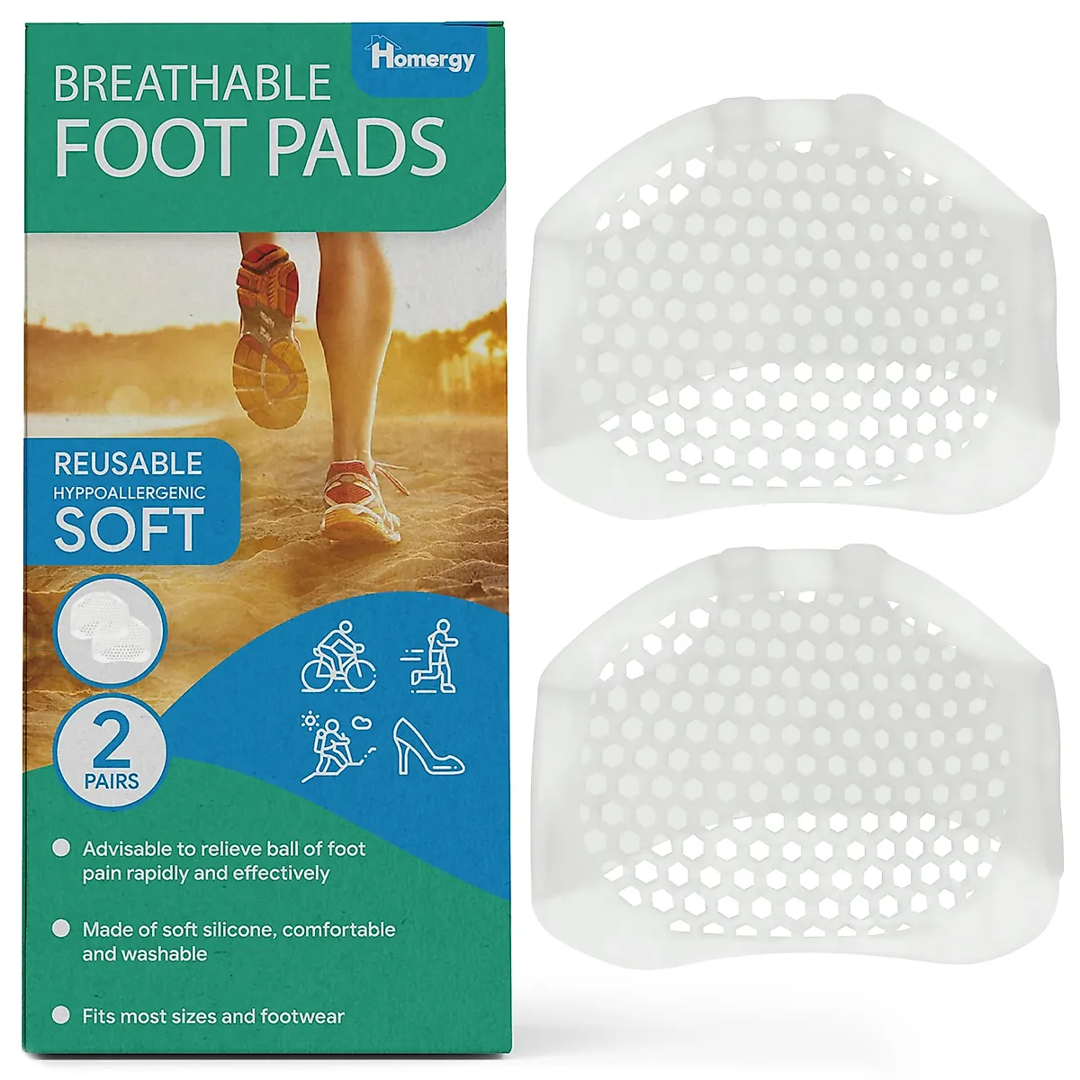 Homergy Metatarsal Pads for Women/Men, 4 Pack, FSA HSA Eligible, Soft Gel Reusable Breathable Sleeve Pads, Ball of Foot Cushions, Forefoot Cushioning Shoe Supports for Pain Relief, Mortons Neuroma