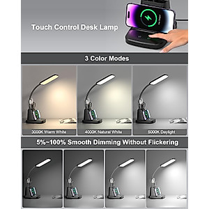 GOLSPARK Desk Lamp with Wireless Charger, LED Desk Lamp for Home Office 3 Color Modes CRI90+ Eye-Caring Reading Light with Pen Holder, Dimmable Gooseneck Touch Control Table Lamp for College Dorm Room