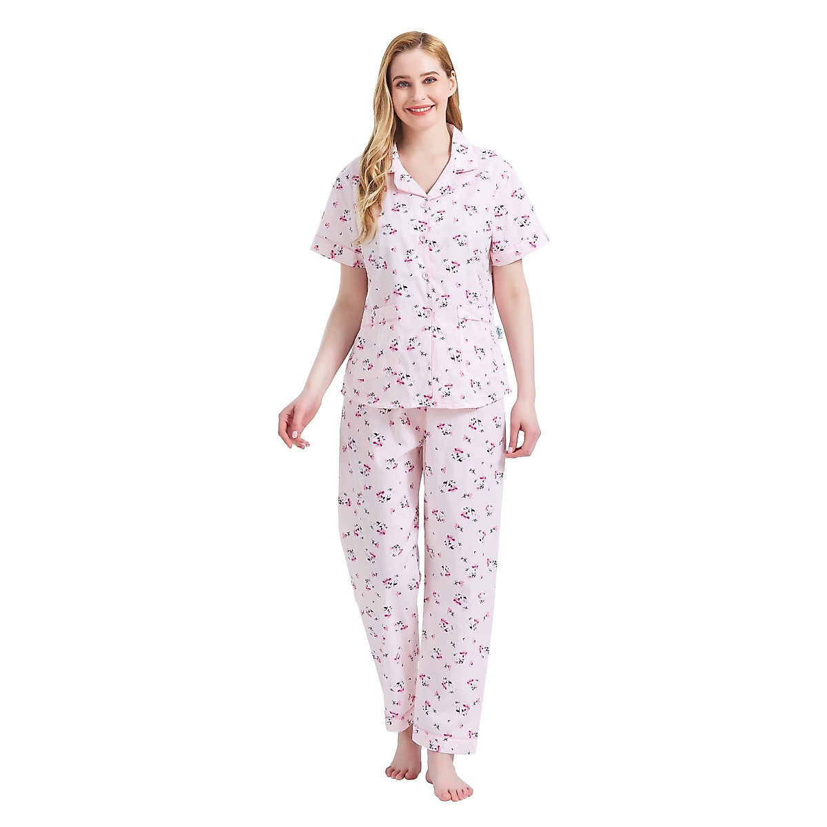GLOBAL Women's 100% Cotton Pajama Sets | Two-Piece Soft Short-Sleeved and Long Pants PJs for Spring and Summer | Button Down Front Top and Drawstring Waist Bottom Nightwear