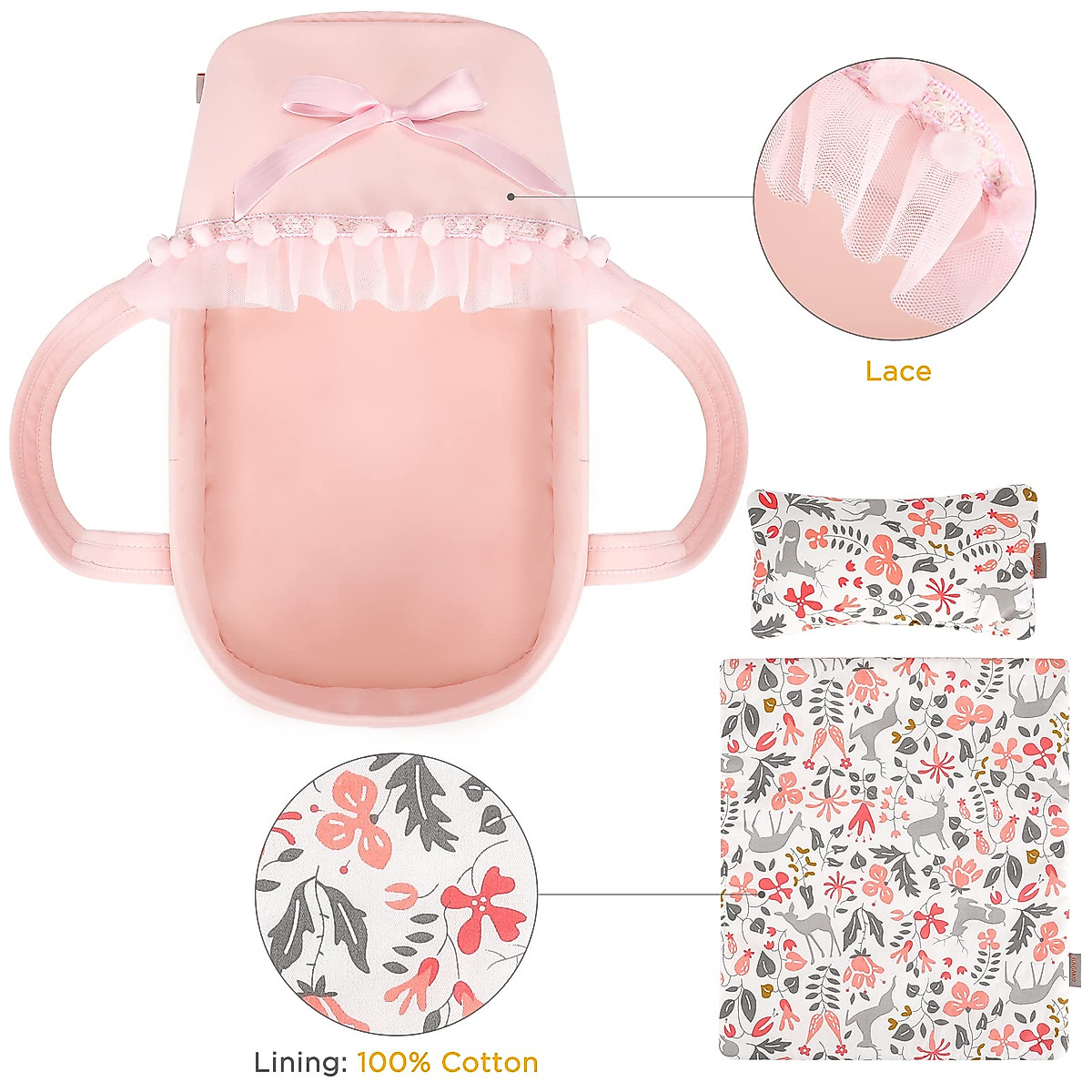 GAGAKU Baby Doll Bassinet, Doll Carrier Doll Carry Cot Set with Canopy and Pillow Blanket for 9 10 11 12 Inch Dolls Stuffed Animals - Pink