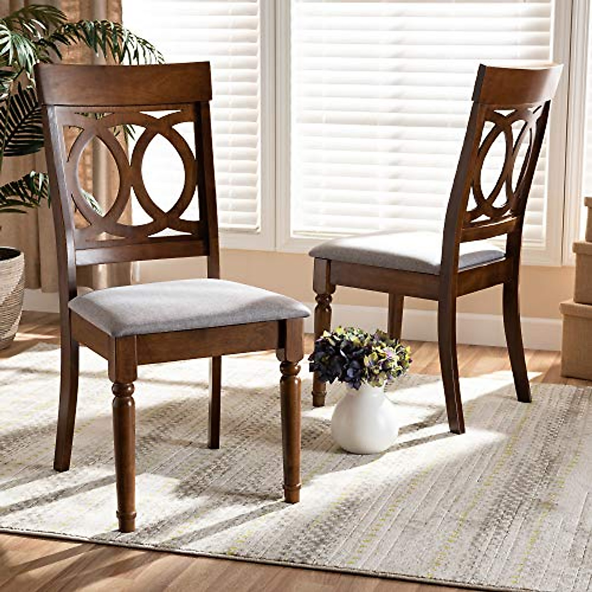 Baxton Studio Lucie Dining Chair and Dining Chair Grey Fabric Upholstered and Walnut Brown Finished Wood 2-Piece Dining Chair Set