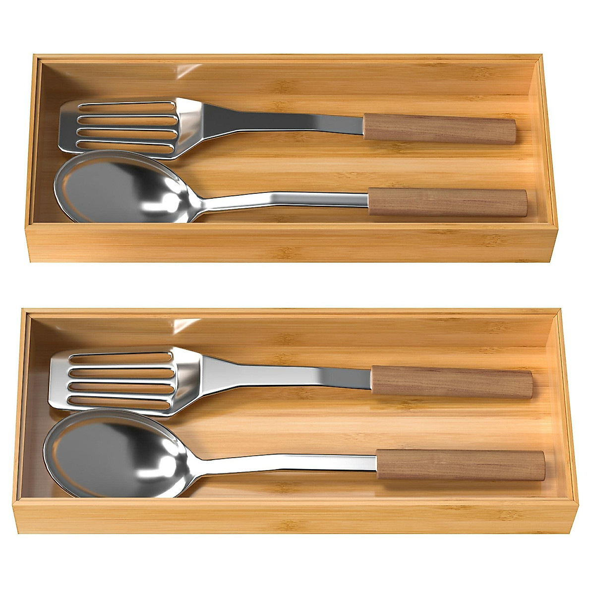 VeyFey Bamboo Drawer Organizer, Stackable Utensil Organizer for Kitchen, Bamboo Storage Box Wood Silverware Tray for Drawer 15" x 6" x 2" Set of 2