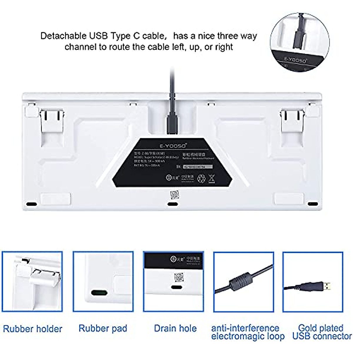 HUO JI 60% Mechanical Gaming Keyboard, E-Yooso Z-88 with Red Switches, Rainbow LED Backlit, Compact 81 Keys Hot Swappable, Silver and White