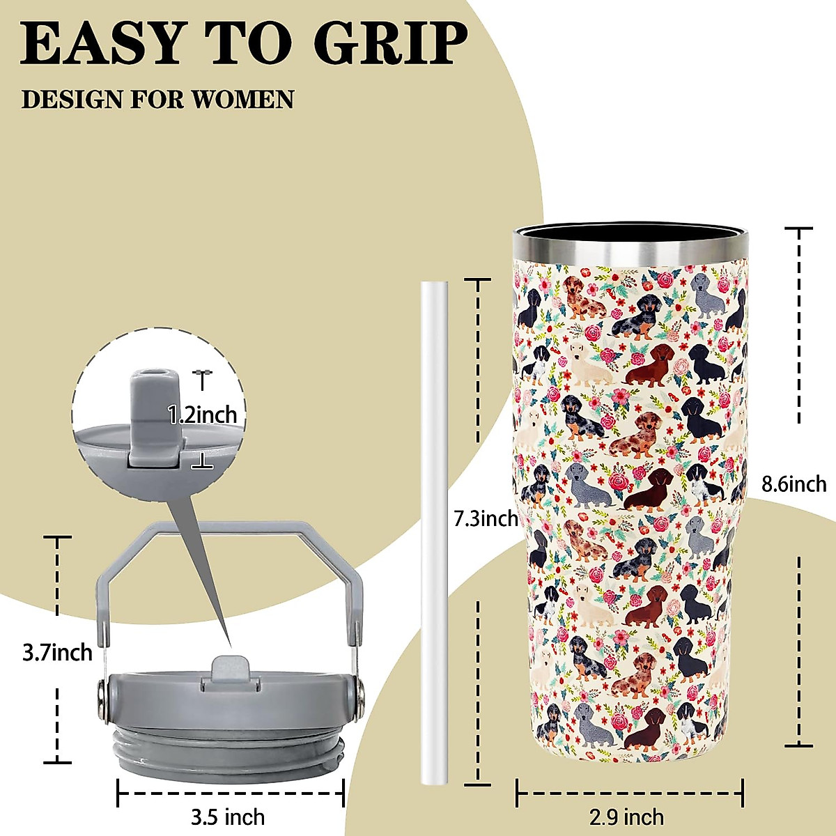 Dachshund Tumbler Gifts with Handle and Straw, Stainless Steel Vacuum Insulated Flip Straw 30 oz Dachshund Tumbler, Spill Proof Coffee Travel Mug Dachshund Lovers Gifts