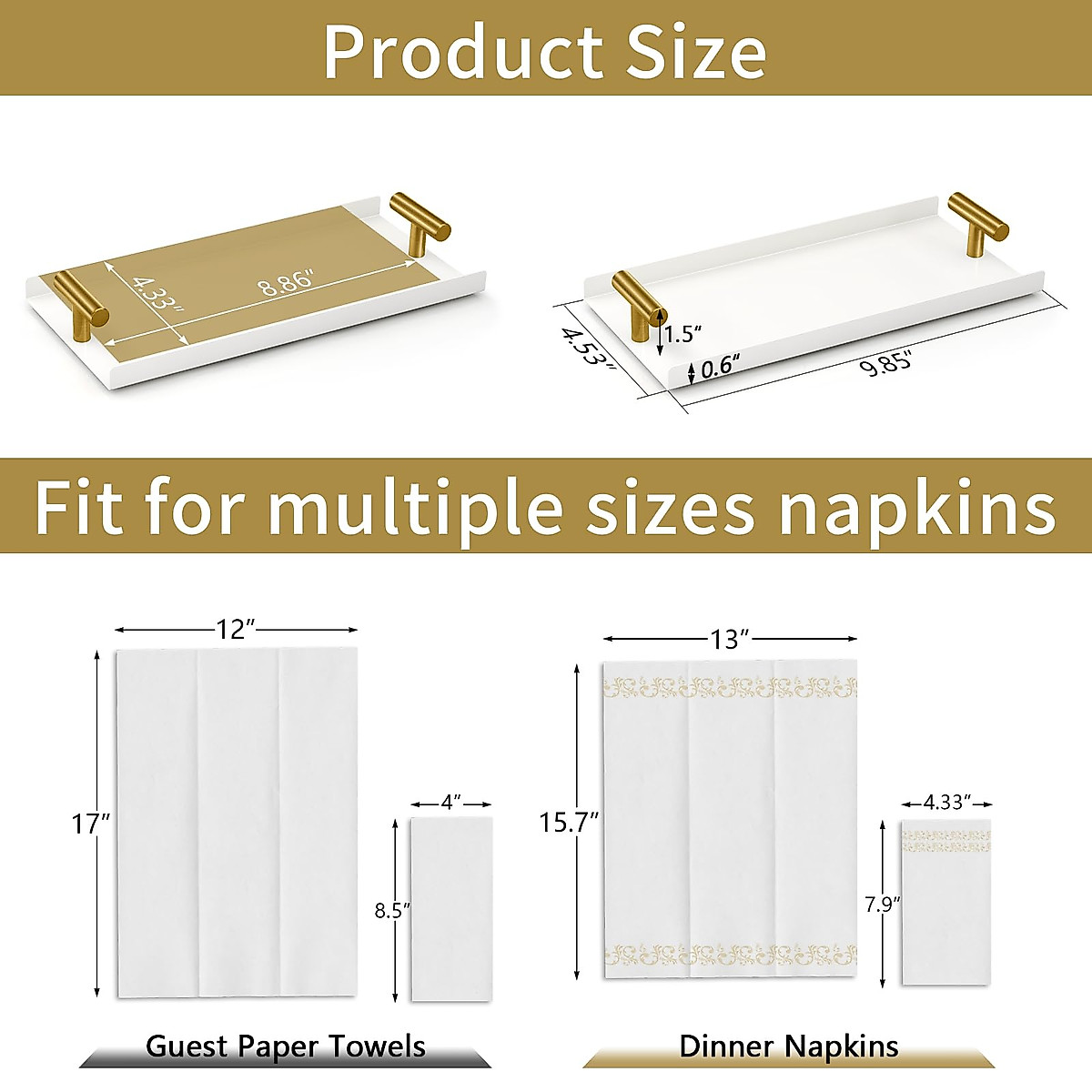 STWWO Napkin Holder for Bathroom, Guest Towel Holder Tray for Bathroom, White Guest Napkin Holders with Golden T-Handle, Disposable Hand Towel Tray for Guest Room, Table, Kitchen