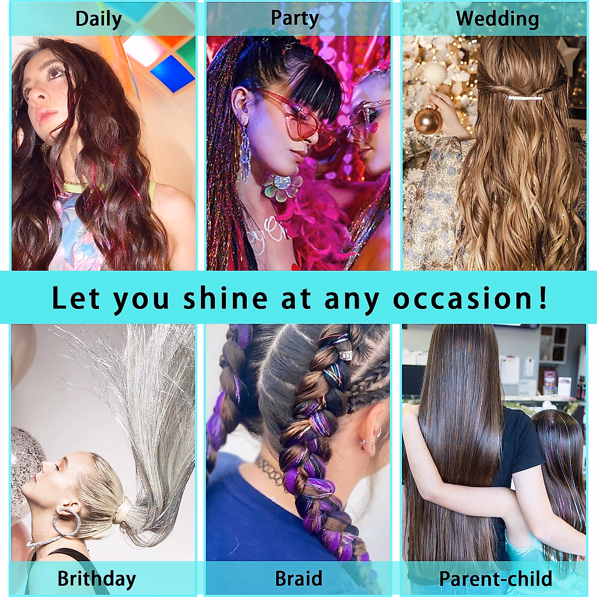 NIACONN 18 Colors Hair Tinsel Kit, 48 Inch 3900 Strands Glitter Tinsel Hair Extensions for Women, Fairy Hair Tinsel for Christmas New Year Halloween Cosplay Party