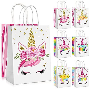 Mocoosy 18 PCS Unicorn Party Favor Bags for Kids Unicorn Birthday Party, Unicorn Goodie Candy Treat Paper Gift Bags with Handles for Girls Boys Rainbow Unicorn Birthday Baby Shower Party Supplies
