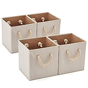 EZOWare Set of 4 Bamboo Fabric Storage Bins with Cotton Rope Handle, 10.5 x 10.5 x 11 inch Foldable Organizer Basket Cube Boxes for Nursery Toys– Beige