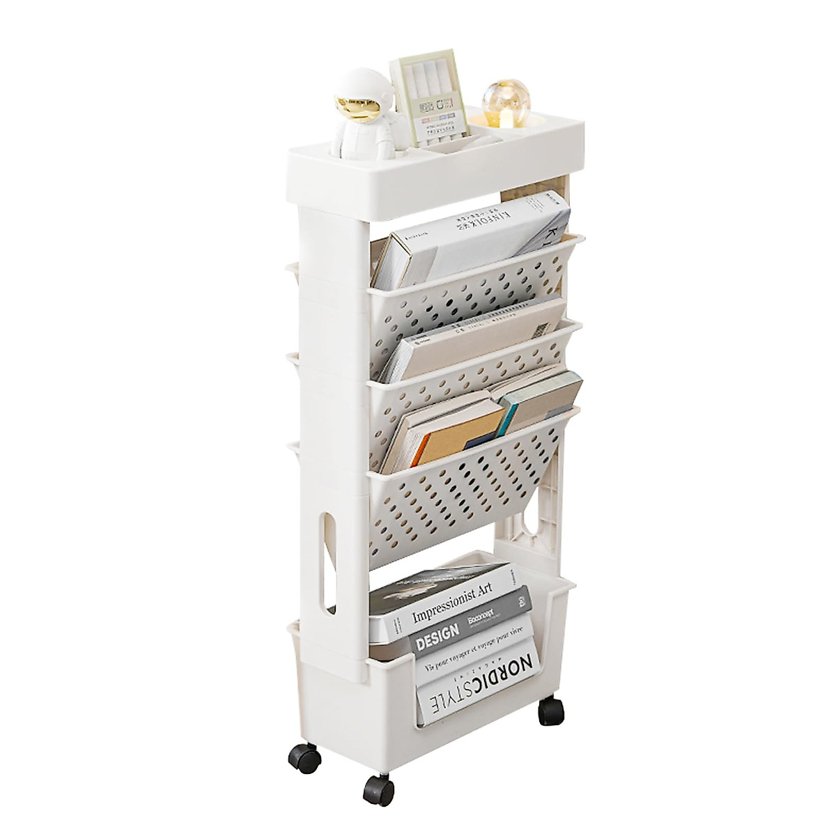 5 Tier Mobile Bookshelf Rolling Book Rack with Wheels, Removable Storage Bookcase Slim Rolling Storage Book Cart for Students Teachers and Adult in School Home Office