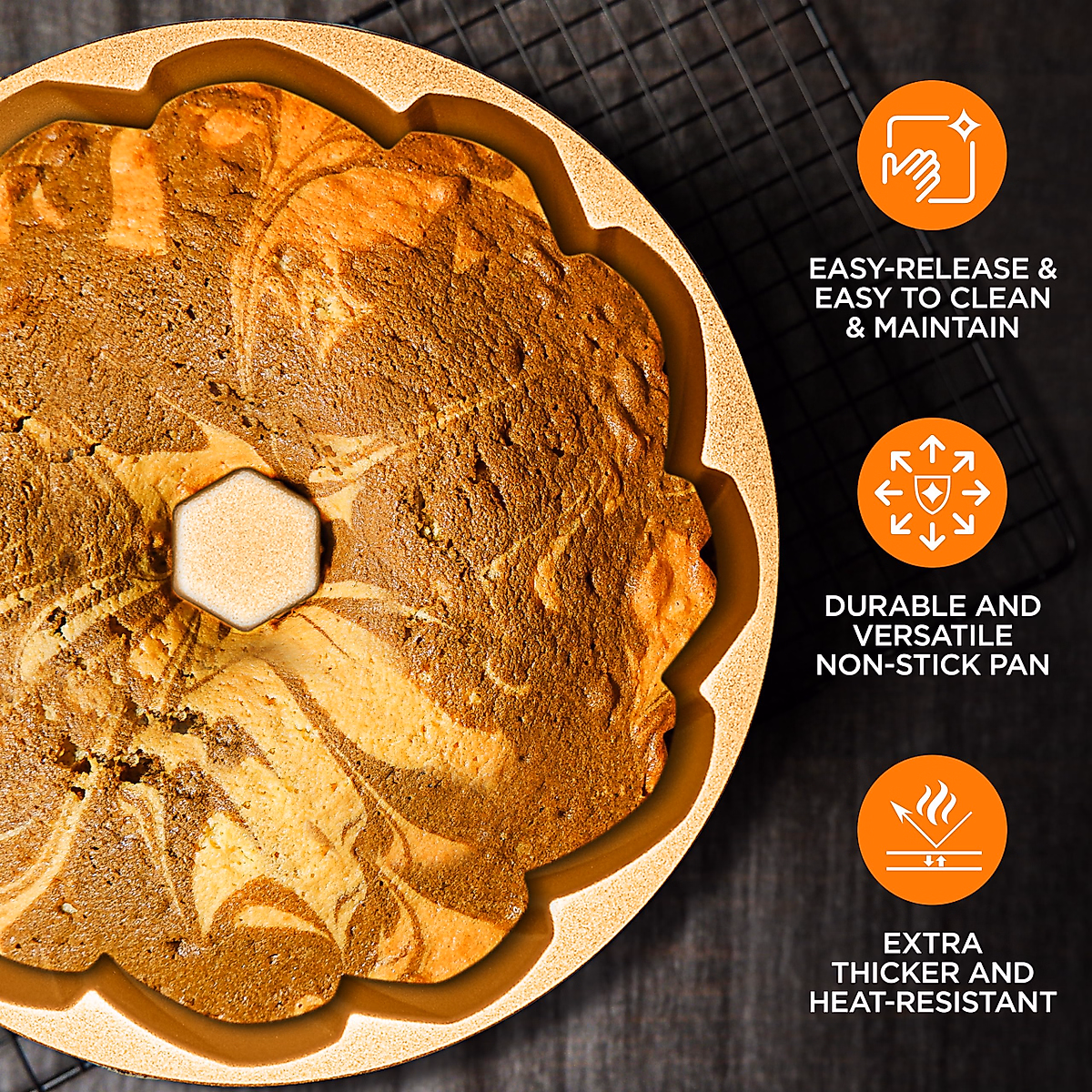 NutriChef 9-Inch Cake Pan - Heavy Die Cast Aluminum Cake Baking Mold with 2 Layers of Professional Nonstick Coating - Fluted Flow Design for Uniform Baking & Browning, Dishwasher Safe - Gold