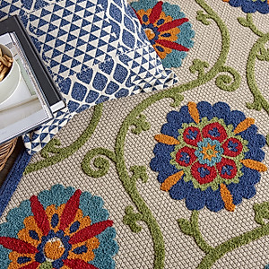 Nourison Aloha Indoor/Outdoor Blue/Multicolor 5'3" x 7'5" Area -Rug, Easy -Cleaning, Non Shedding, Bed Room, Living Room, Dining Room, Deck, Backyard, Patio (5x7)