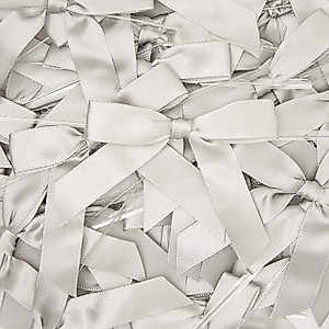 100 Pack Silver Satin Twist Tie Bows for Crafts, Gift Wrapping, Party Favor Bags, Baked Goods (3 In)