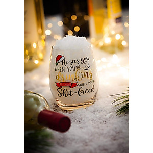 Cypress Home Beautiful Christmas He Sees You When You're Drinking Metallic Stemless Wine Glass - 4 x 5 x 4 Inches Indoor/Outdoor home goods For Kitchens, Parties and Homes