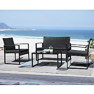 Flamaker 4 Piece Patio Furniture Outdoor Rattan Conversation Bistro Set with Cushion Porch Furniture Metal Patio Table and Chairs for Poolside, Backyard, Balcony (Black)