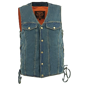 Milwaukee Leather DM1360 Men's Classic Blue Denim Motorcycle Biker Riders Vest w/Adjustable Side Laces - X-Large