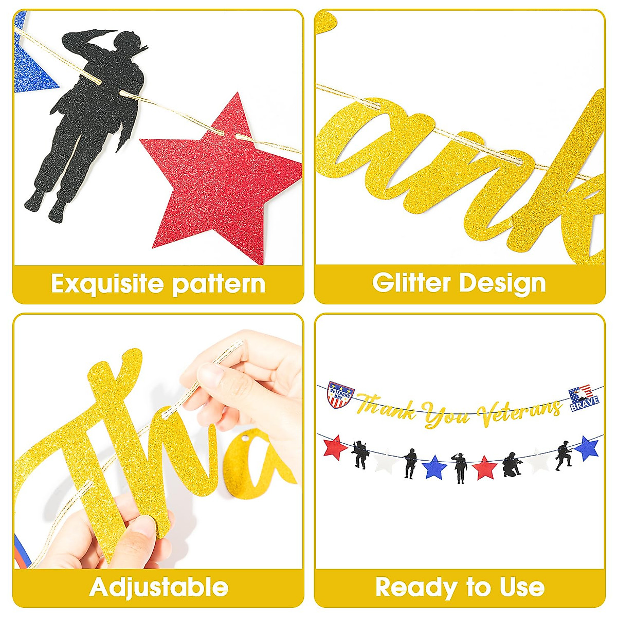 JAPBOR 2Pcs Gold Glitter Thank You Veterans Banner, Memorial Day Patriotic Veterans Day Party Decorations, Glitter Red White Blue Stars Soldiers Veterans Sign Decor Supplies for Home Background Wall