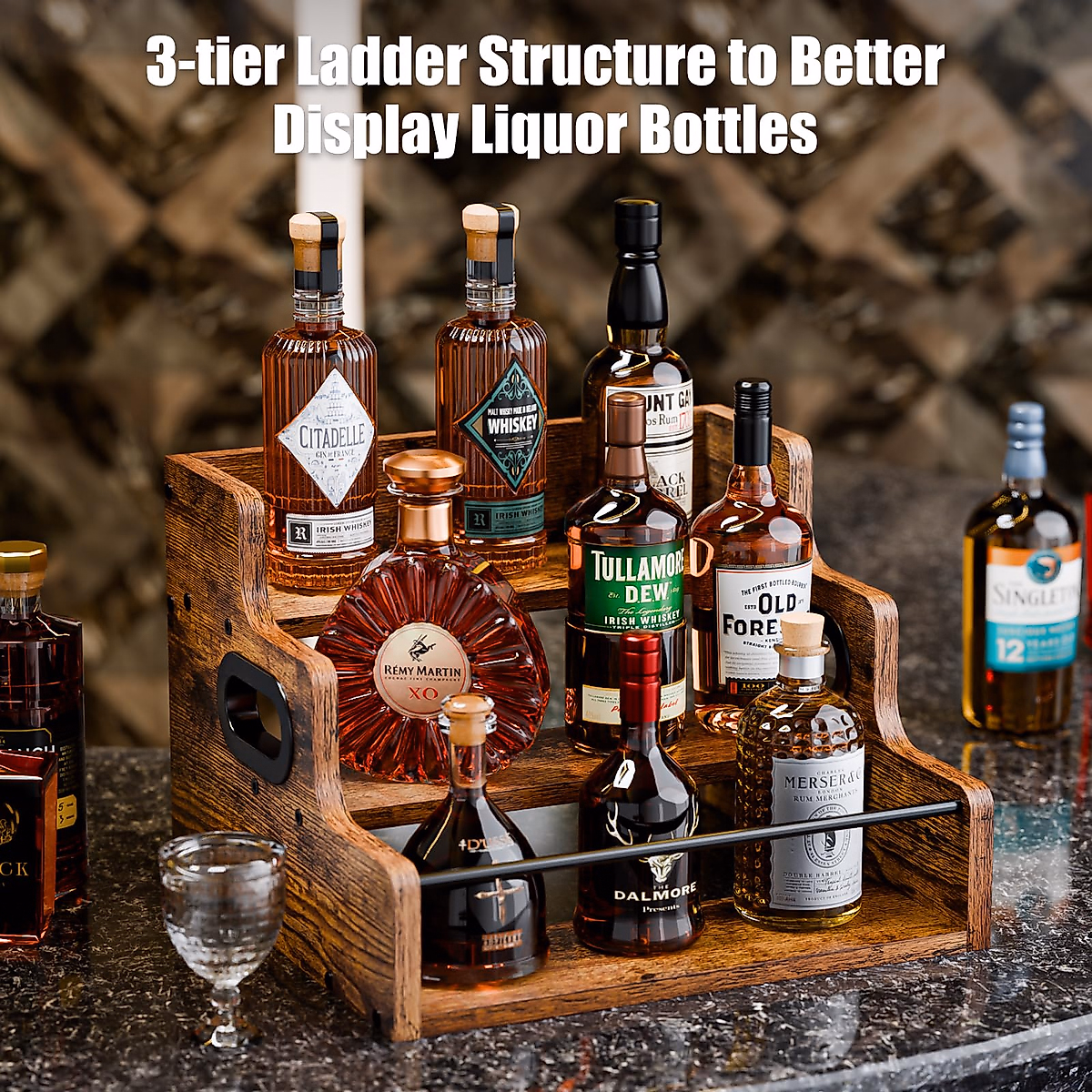 KLM Liquor Bottle Display Shelf, Coffee Syrup Rack Organizer, 3 Step Countertop Liquor Wine Rack, mini bar,liquor cabinet, Home Retro Bar Shelf Stand for Liquor Whiskey, Spirits