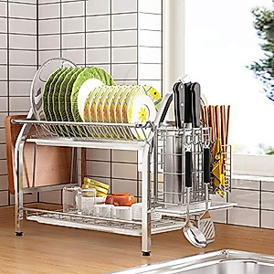 1Easylife Dish Drying Rack, 2 Tier Dish Rack Stainless Steel with Utensil Knife Holder and Cutting Board Holder Dish Drainer with Removable Drain Board for Kitchen Counter Organizer Storage (Silver)