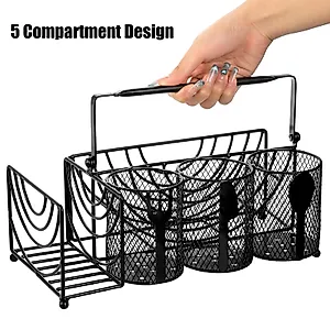 Mezchi Metal Utensil Caddy with 5 Compartments, Black Mesh Silverware Caddy Organizer, Flatware Storage Holder for Napkins, Plates, Party, Camping, Picnic, Buffet, RV, BBQ, Kitchen, Countertop