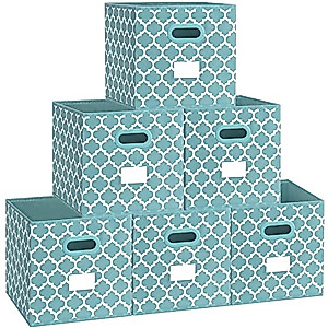 Homyfort Cube Storage Organizer Bins 12x12 - Fabric Storage Cubes Bin Foldable Baskets Square Box with Labels and Dual Plastic Handles for Shelf Closet, Nursery, Boys, Girls, Set of 6 (Teal Blue)