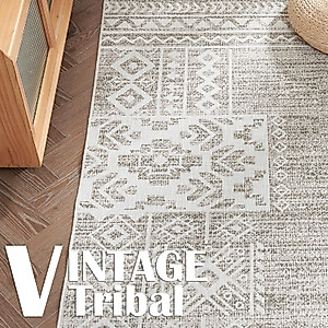 jinchan Area Rug - 4x6 Ultra-Thin Washable Rug, Vintage Living Room Rug, Boho Rug Geometric, Non-Slip Non-Shedding Carpet for Kitchen Bedroom(4x6ft, Brown Ivory)