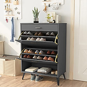 AWQM Shoe Cabinet for Entryway, Modern Free Standing Shoe Storage Cabinets, Wooden Slim Shoe Organizer Cabinet for Entryway, Hallway - Grey (Men's 8.5)