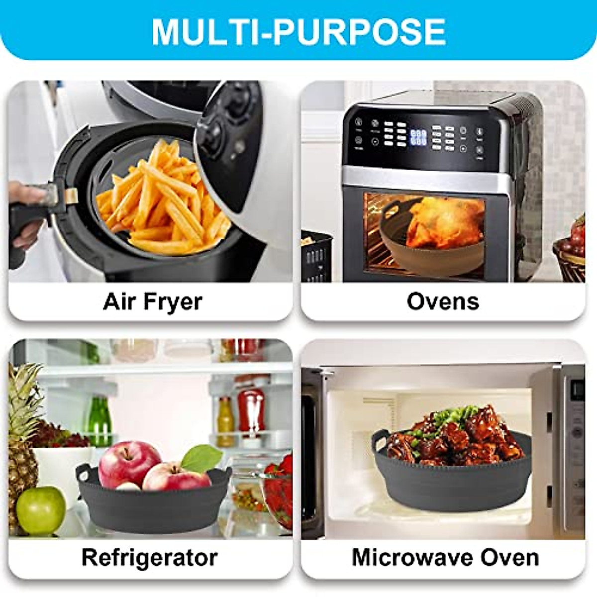 Air Fryer Silicone Liners, Reusable Collapsible Round Basket Airfryer Liner, 8.5 inch Foldable Heat Resistant Non Stick Baking Trays for 5QT -8QT Air Fryers, 2 Pack (Grey+Red)