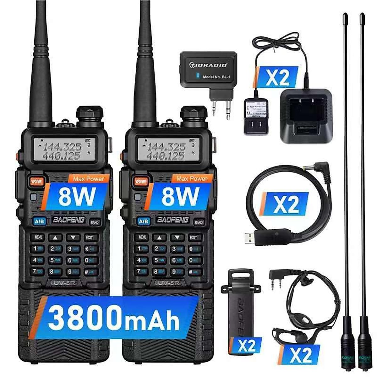 Baofeng UV-5R Ham Radio Handheld 8 Watt Two Way Radio Walkie Talkies with TIDRADIO Wireless Programmer Long Range Dual Band USB Rechargerable 3800mAh Battery Earpiece 2 Pack