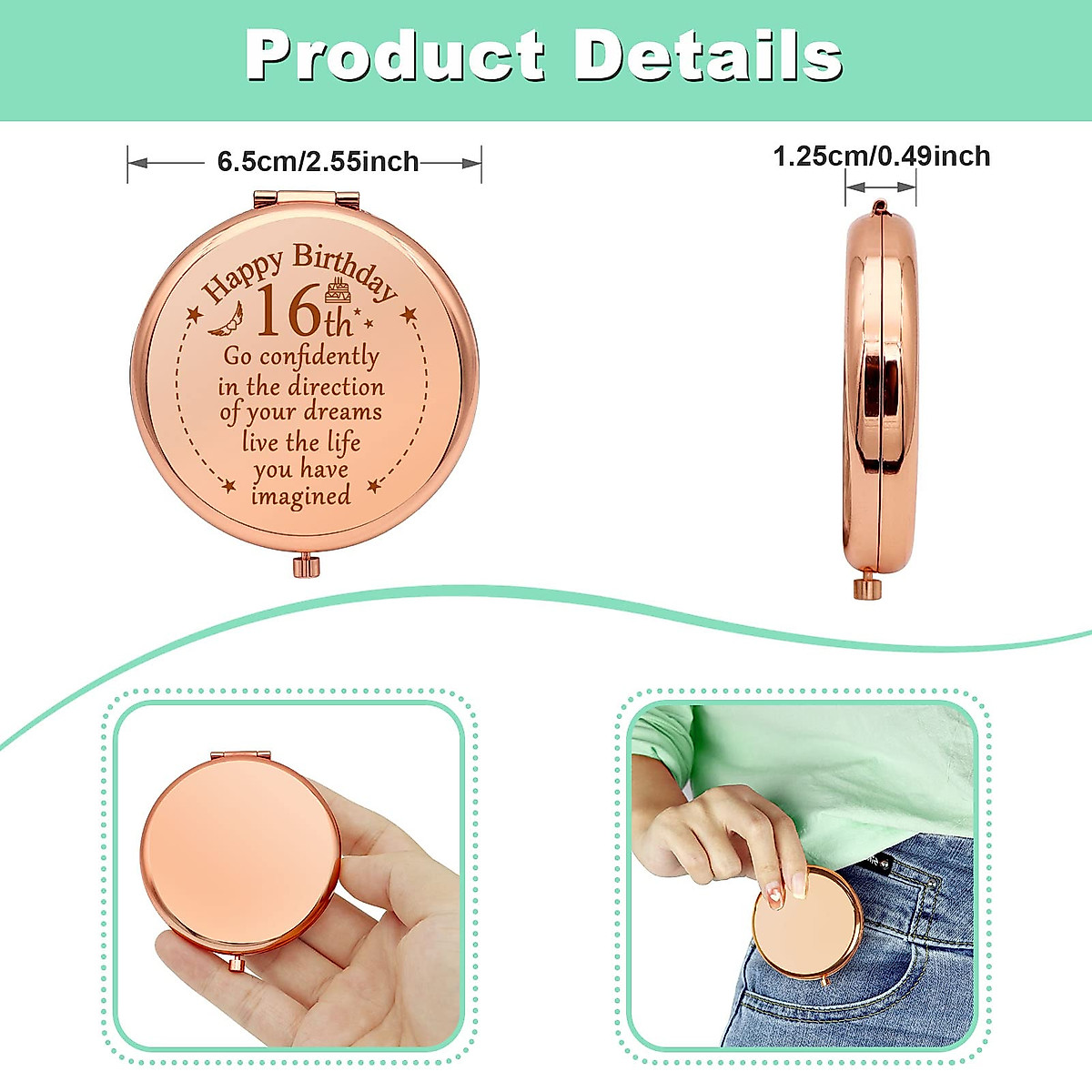 Sweet 16 Birthday Gifts for Girls Inspirational Gift for Her Compact Makeup Mirror for Friend Sister 16 Year Old Girl Gifts Happy 16th Birthday Gifts for Niece Daughter Travel Makeup Mirror