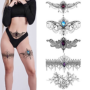 Roarhowl Lace Tattoos, Large Sexy Temporary Tattoo Set, Temporary Tattoos For Women, Belly Back Waist Thigh Body Art Fake Tattoos (Set 1)