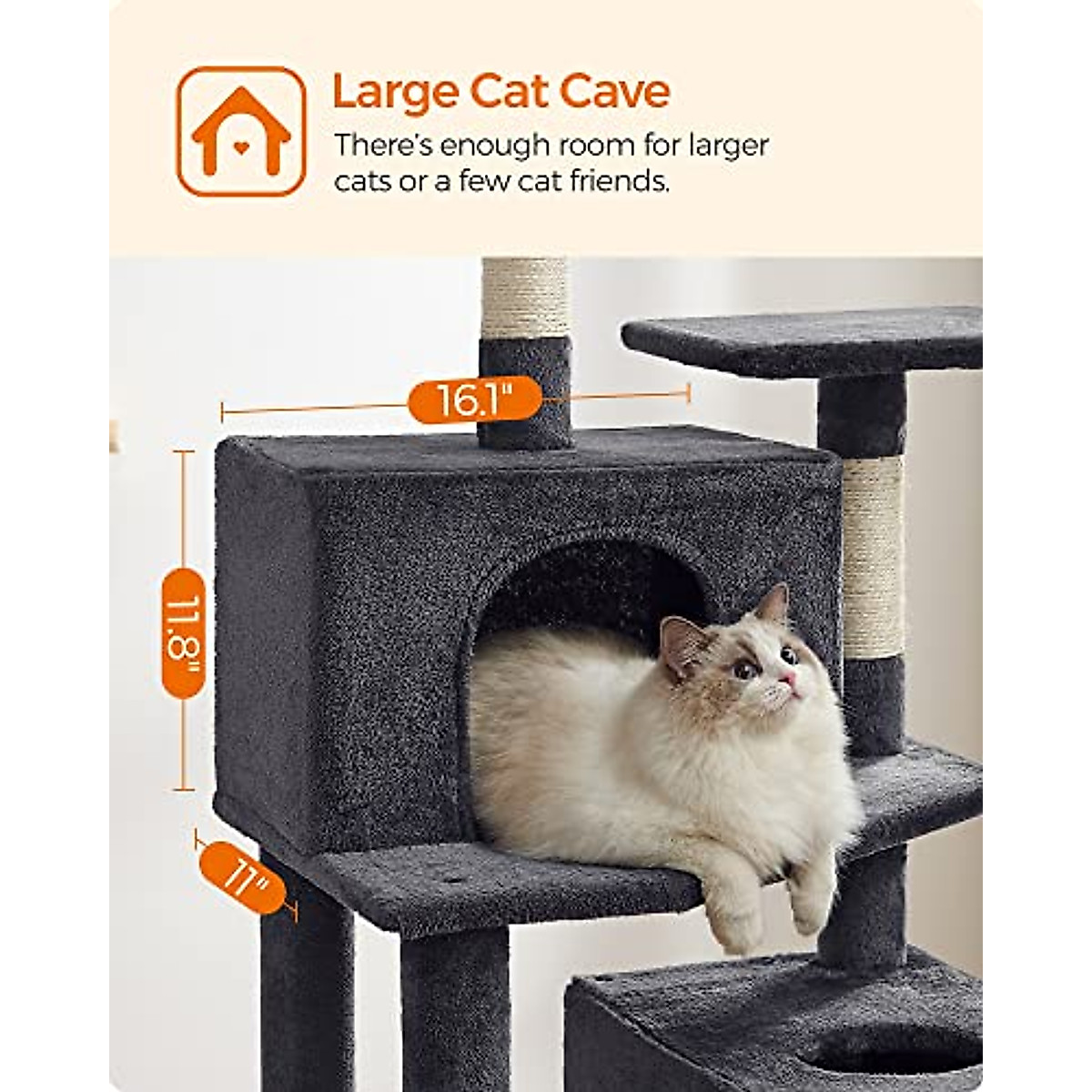 Feandrea Cat Tree, 75.2-Inch Cat Tower for Indoor Cats, Plush Multi-Level Cat Condo with 5 Scratching Posts, 2 Perches, 2 Caves, Hammock, 2 Pompoms, Smoky Gray UPCT191G01