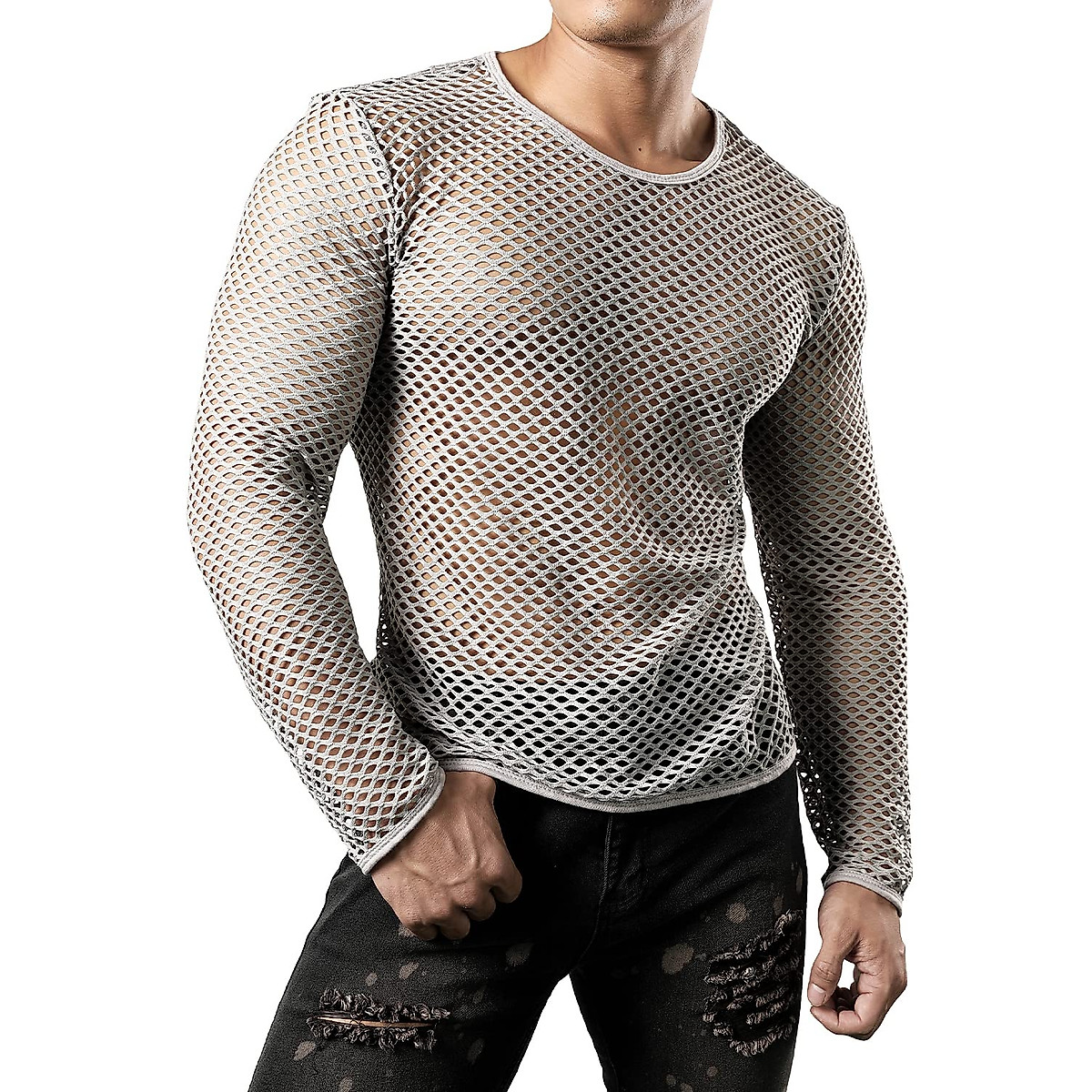 JOGAL Men's Mesh Fishnet Fitted Long Sleeve Muscle Top X-Large WG04 Grey