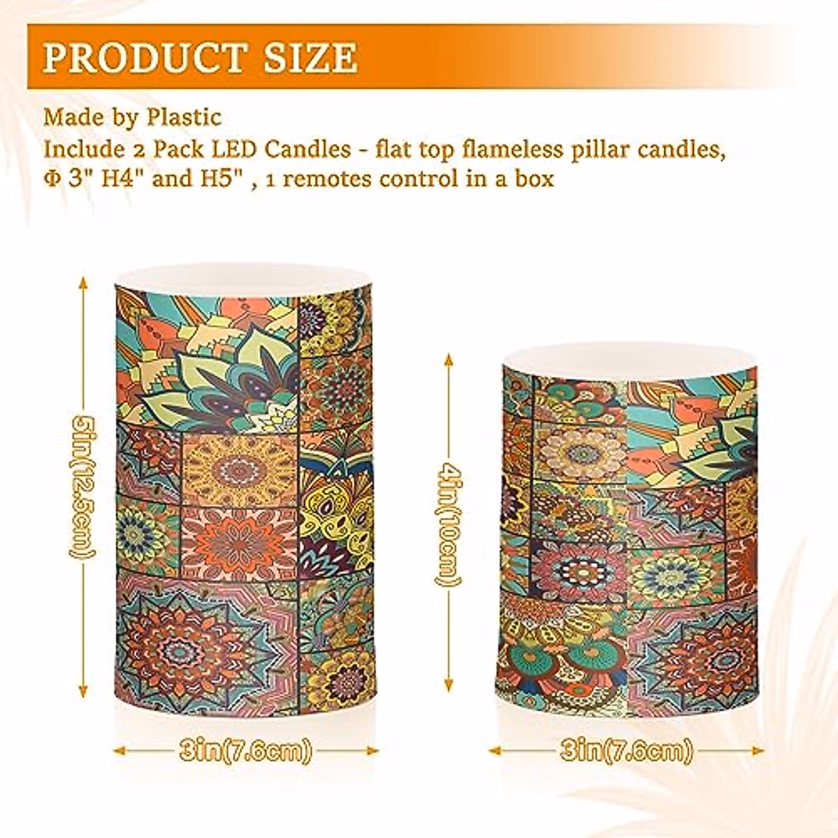 JULYTO Flameless Candles with Remote and Timer Boho Tile Abstract Patchwork Battery Operated Candles Set of 2 Beautiful Flower Flickering Pillar Led Fake Candles for Halloween Christmas Wedding Decor