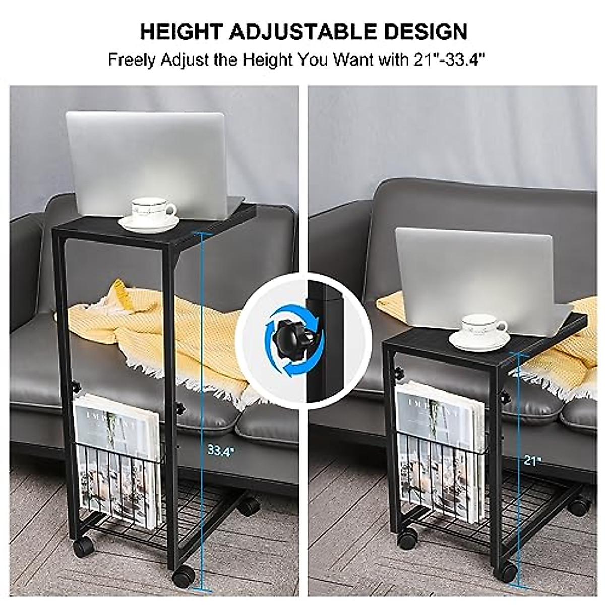 C Shaped End Table Height Adjustable Side Table for Couch Small Snack Table with Wheels Sofa Table with Storage for Living Room Bedroom Bedside Metal Frame, Black