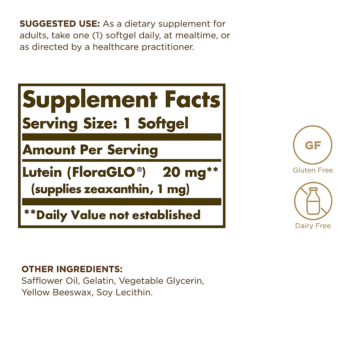 SOLGAR Lutein 20 mg - 60 Softgels, Pack of 2 - Eye Health - Gluten Free, Dairy Free - 120 Total Servings