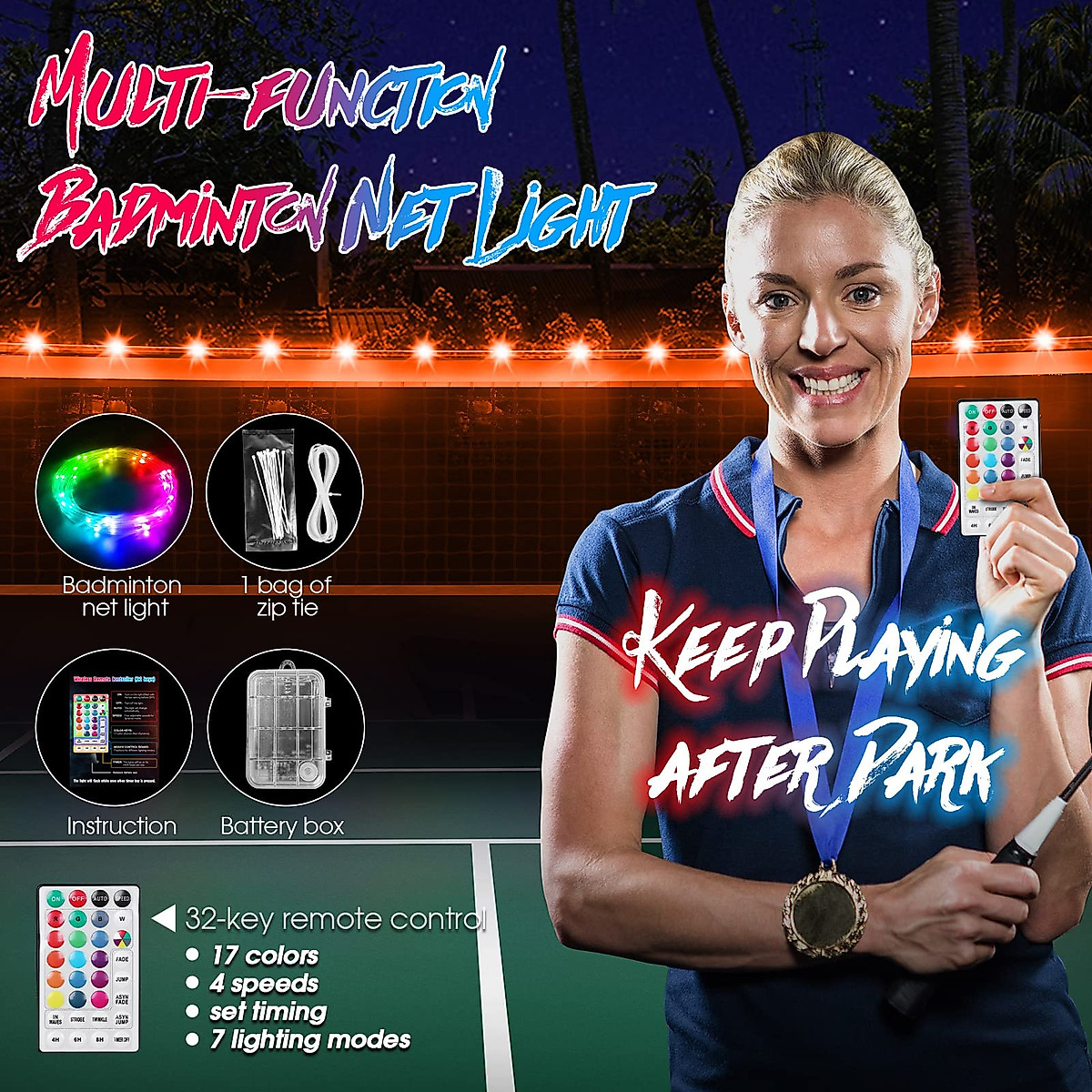YepItIs Badminton Net Light, 17 Colors 7 Modes Waterproof LED Light with Remote for Backyard Badminton Volleyball Game at Night, Great Addition to LED Shuttlecocks for Net Up to 17FT(Net not Include)