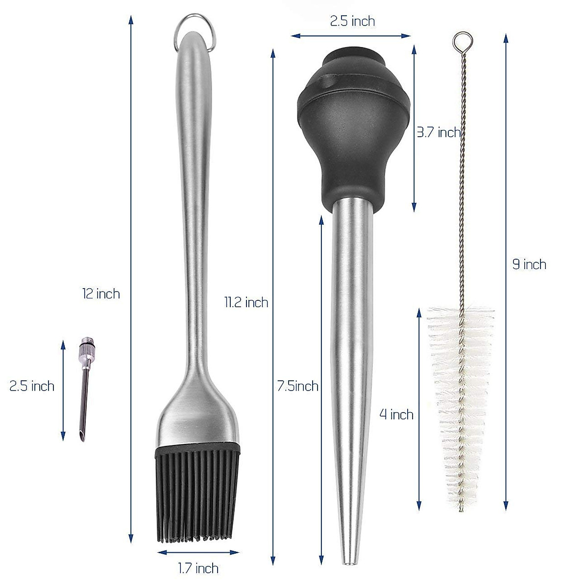 Home Servz 18/8 Stainless Steel Turkey Baster Syringe - Injector Needle With Cleaning Brush - Food Grade Silicone Bulb & Heavy Duty 12 Inch Stainless Steel Handle Silicone BBQ Basting Brush