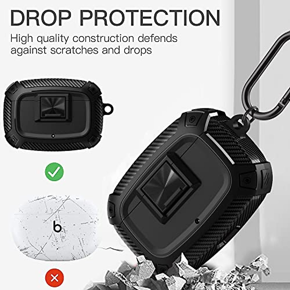 JIML [Upgrade Secure Lock] Compatible with Beats Studio Buds (2021) / Beats Studio Buds+ (2023) Case TPU Military Shell Protective Cover Skin Shock-Absorbing with Keychain and Lanyard (Black)