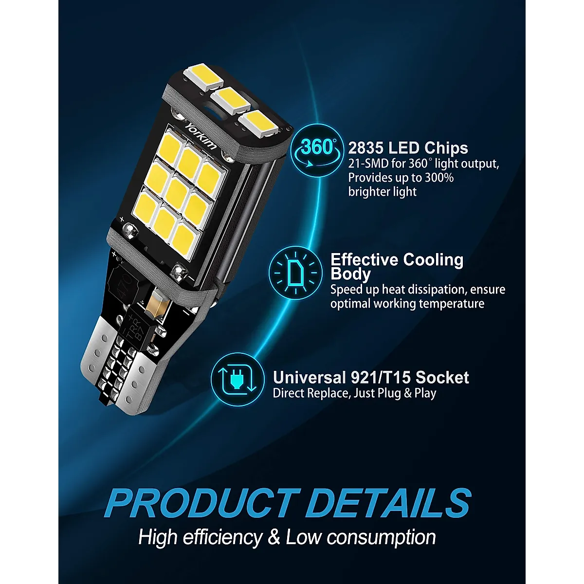 Yorkim 921 LED Bulb 6000K White 921 led reverse lights Bright 21-SMD 2835 Chips Error Free T15 led Backup Light Bulbs 906 904 902 W16W 912 led lights for car, Pack of 2