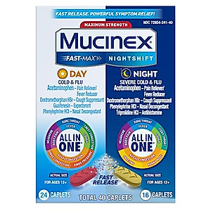 Mucinex Fast-Max Day Cold and Flu & Nightshift Night Severe Cold and Flu Medicine for Adults, Day/Night Combo Pack for Fever, Sore Throat Relief, Decongestant, Cough & Cold Medicines, 40 Caplets