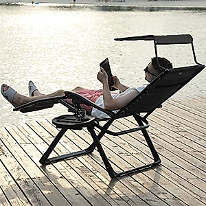 Ezcheer Oversized Zero Gravity Chair with Canopy, Support 400 lbs 31.5 inches Wide Patio Lounge Chair with Foot Rest Cushion, Folding Beach Camping Recliner Chair with Cup Holder (Black)