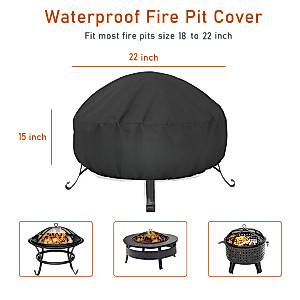 LBTING Fire Pit Cover, 22 inch Cover for 18-22 inch Round Firepit, Waterproof Windproof Dustproof UV-Resistant Heavy Duty Cover for Outdoor Patio Firepit Table - Black