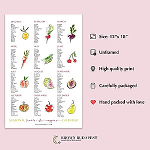Seasonal Fruit and Vegetable Calendar print of original watercolor art - 12"x18" - unframed - Kitchen Decor, Dining Room Wall Art, Health Poster for Classroom