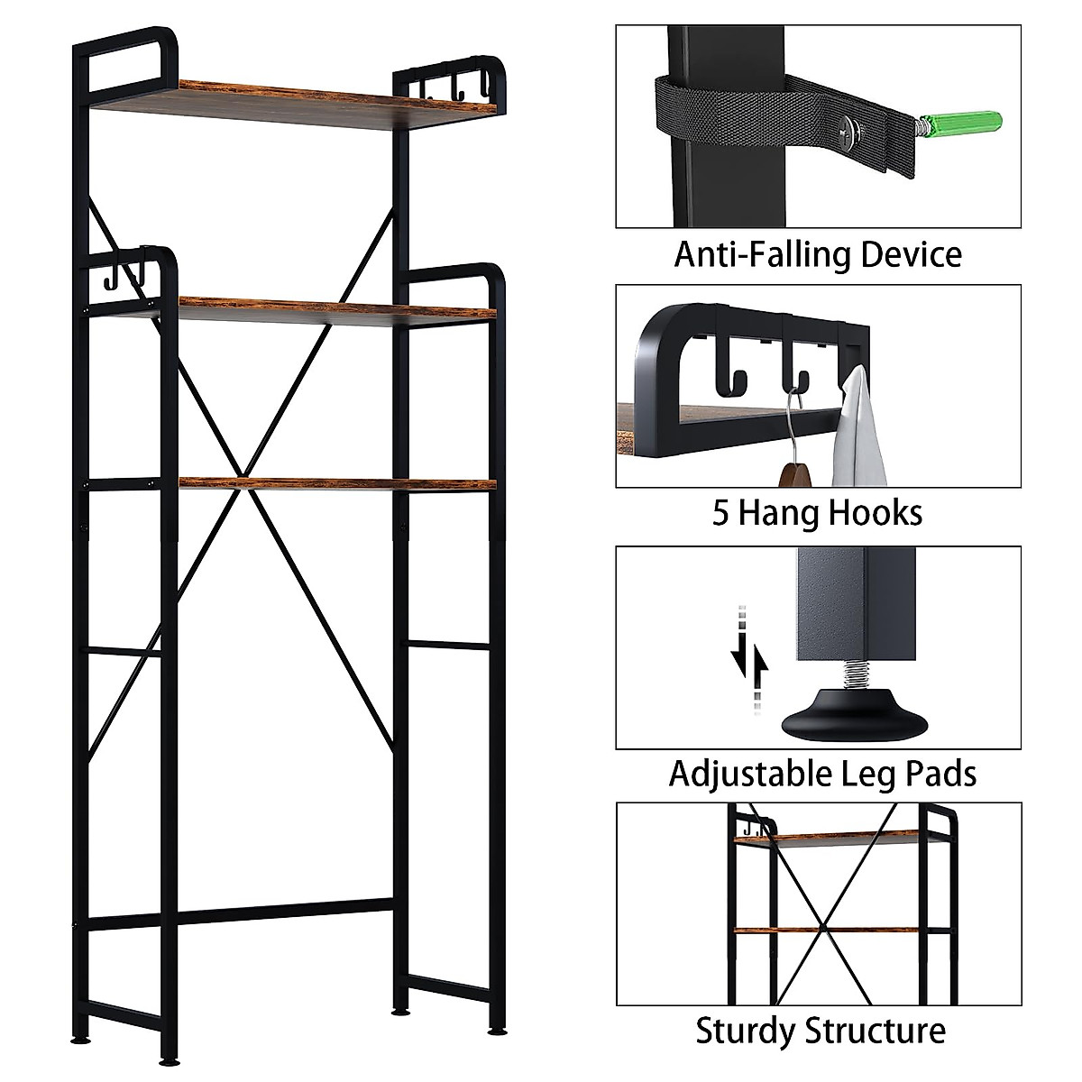 Huhote Over The Toilet Storage Rack with 3-Tier Bathroom Shelves, Space Saver Toilet Shelf, Bathroom Storage Organizer with Hooks for Over Toilet Storage and Bathroom Shelf (Rustic Brown)