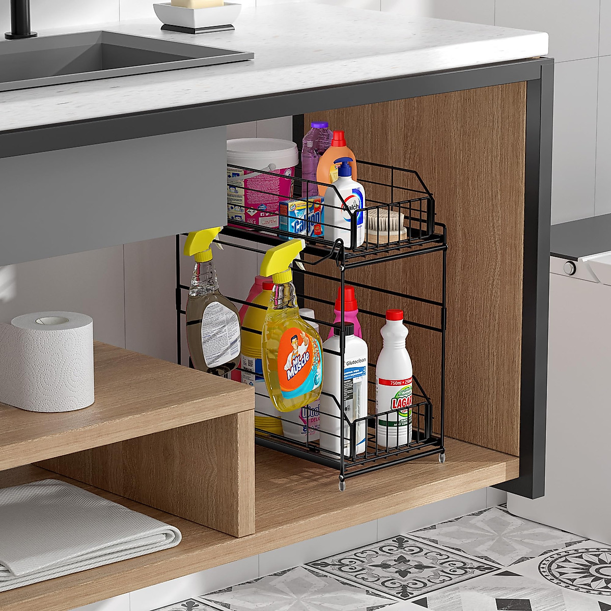 SUEH DESIGN Under Sink Organizers and Storage, 2 Tier Pull Out Cabinet Organizer Sliding Under Sink Storage Shelf with Hanging Rail for Kitchen Bathroom Cabinet Storage, 1 Pack