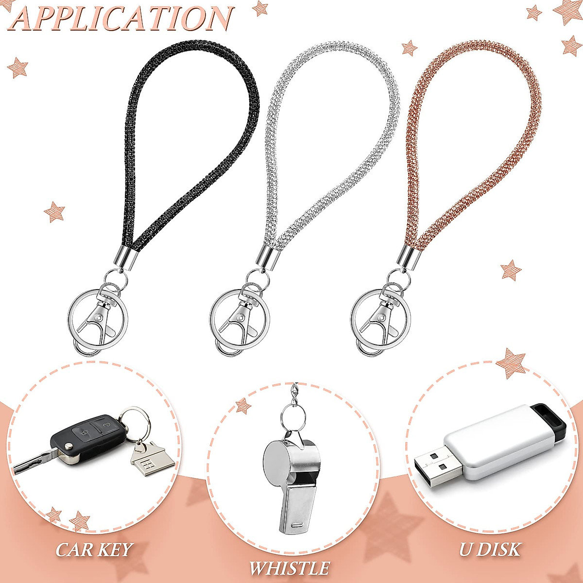 3 Pieces Bling Wristlet Keychain Wristlet Lanyard Keychains for Women Rhinestone Lanyards for Keys Wristlet Keychain for Women Keychain Wallet Credit Card Holder (Black, Champagne, White)