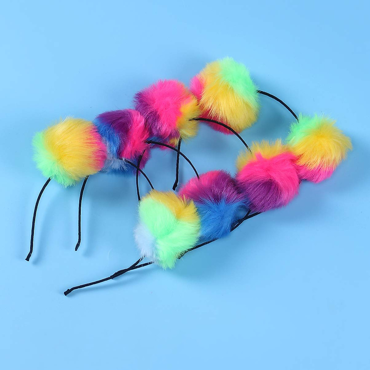Lurrose 4pcs Colorful Plush Pom Pom Headbands Rainbow Headbands Fluffy Ball Hair Loops Hair Accessories for Christmas Birthday Party